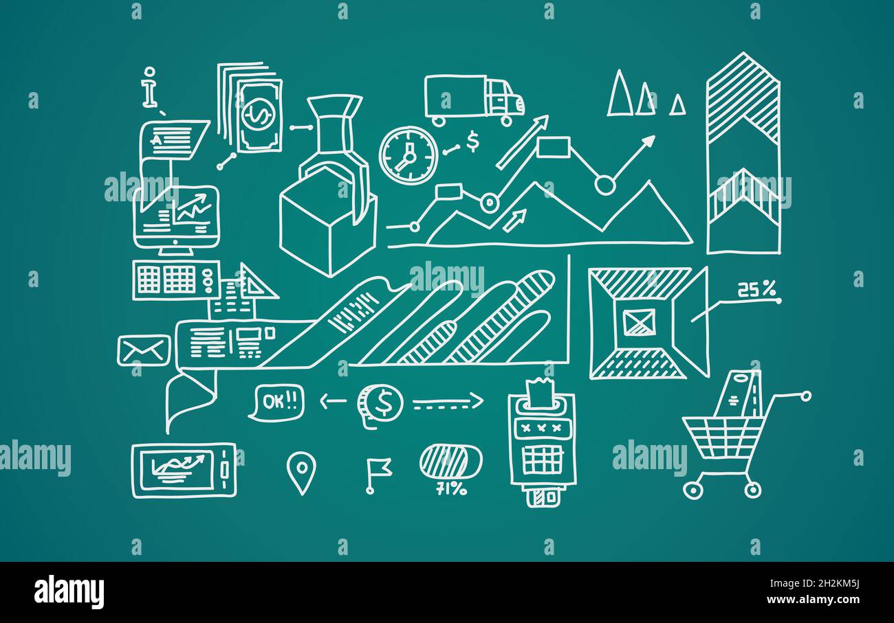 Bank business finance analytics earnings hand draw doodle elements ...