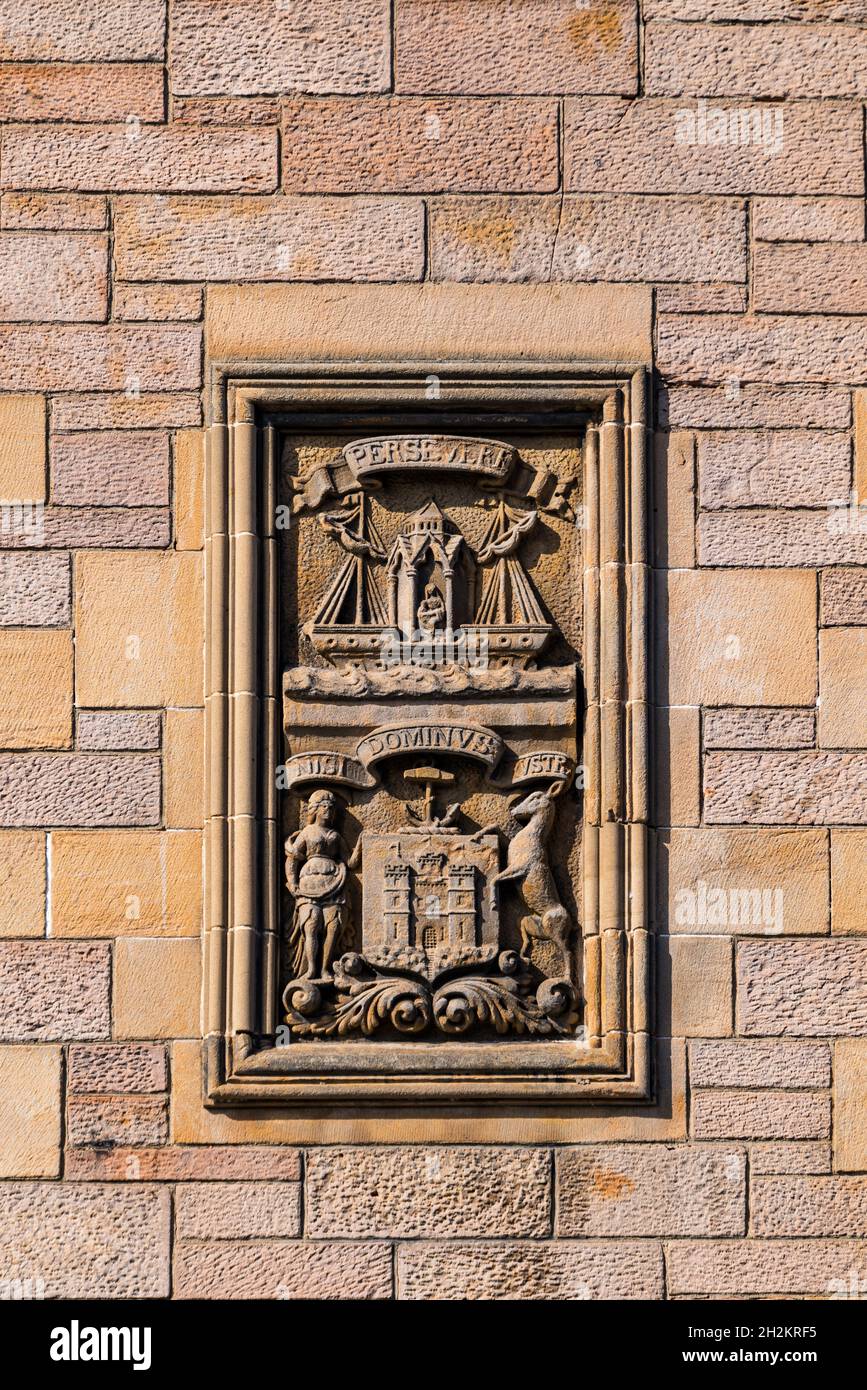 Carved sandstone wall motif and inscription with Leith motto Persevere ...