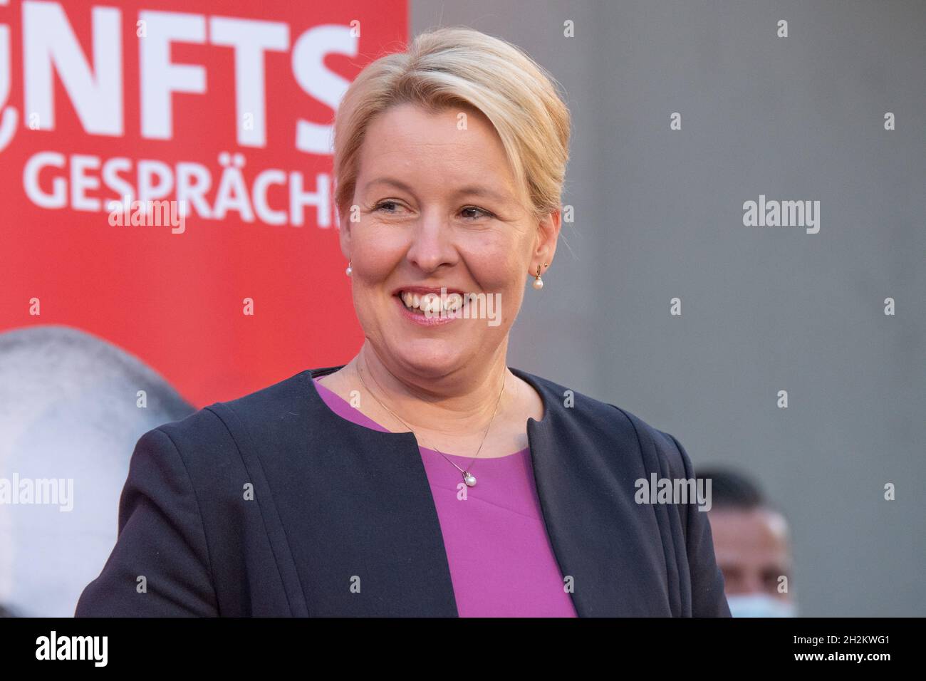 Franziska Giffey speaking at an election event at the Zenner Biergarten ...