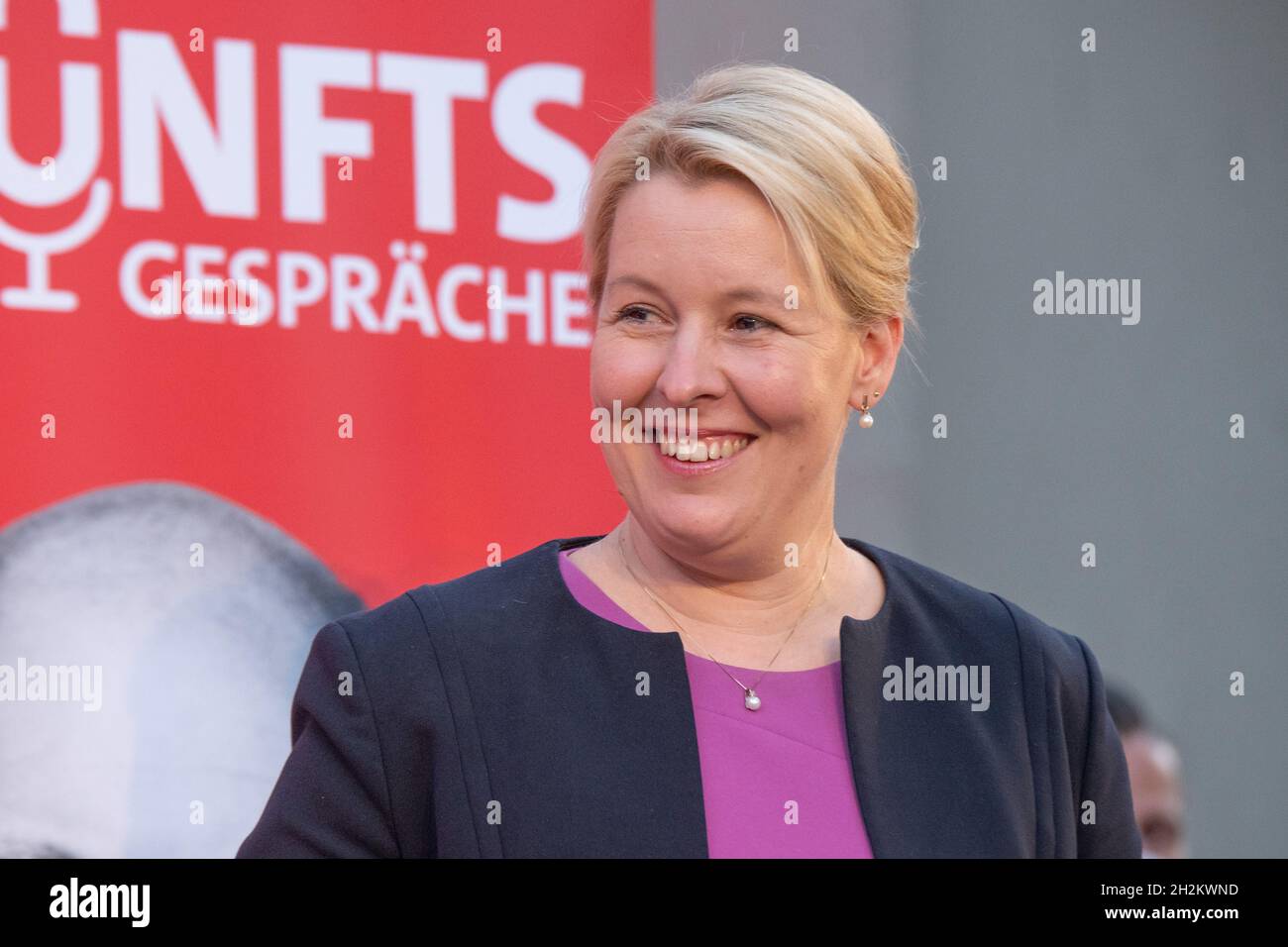 Franziska Giffey speaking at an election event at the Zenner Biergarten ...