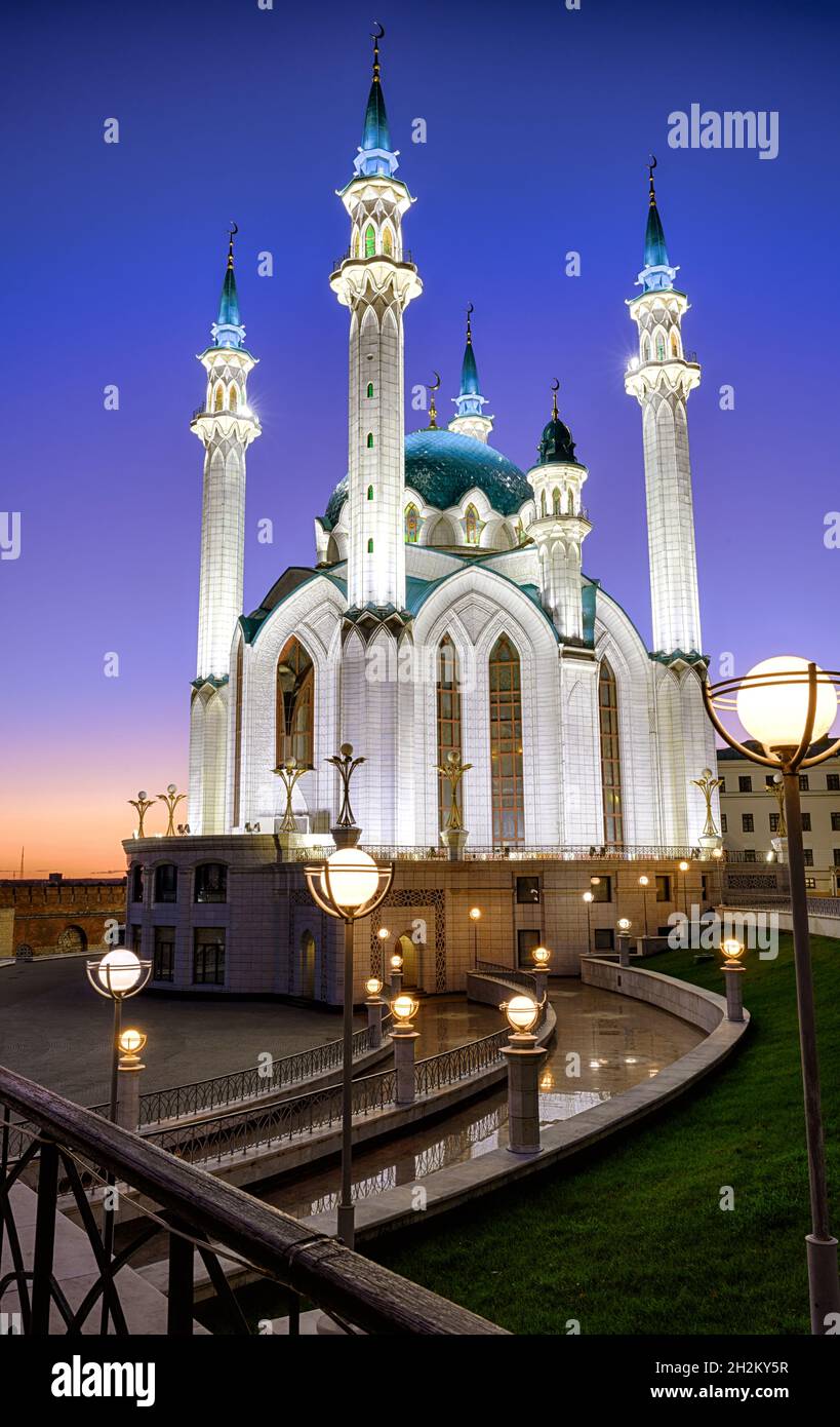 Kazan Kremlin at night, Tatarstan, Russia. Vertical view of Kul Sharif mosque, landmark of Kazan ...