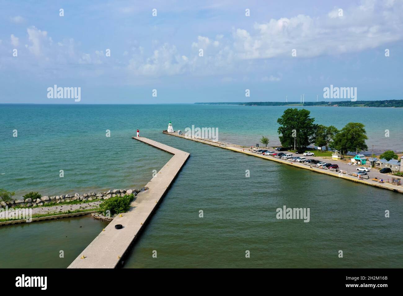 An aerial of Pier and Lighthouse in Port Dover, Ontario, Canada Stock ...