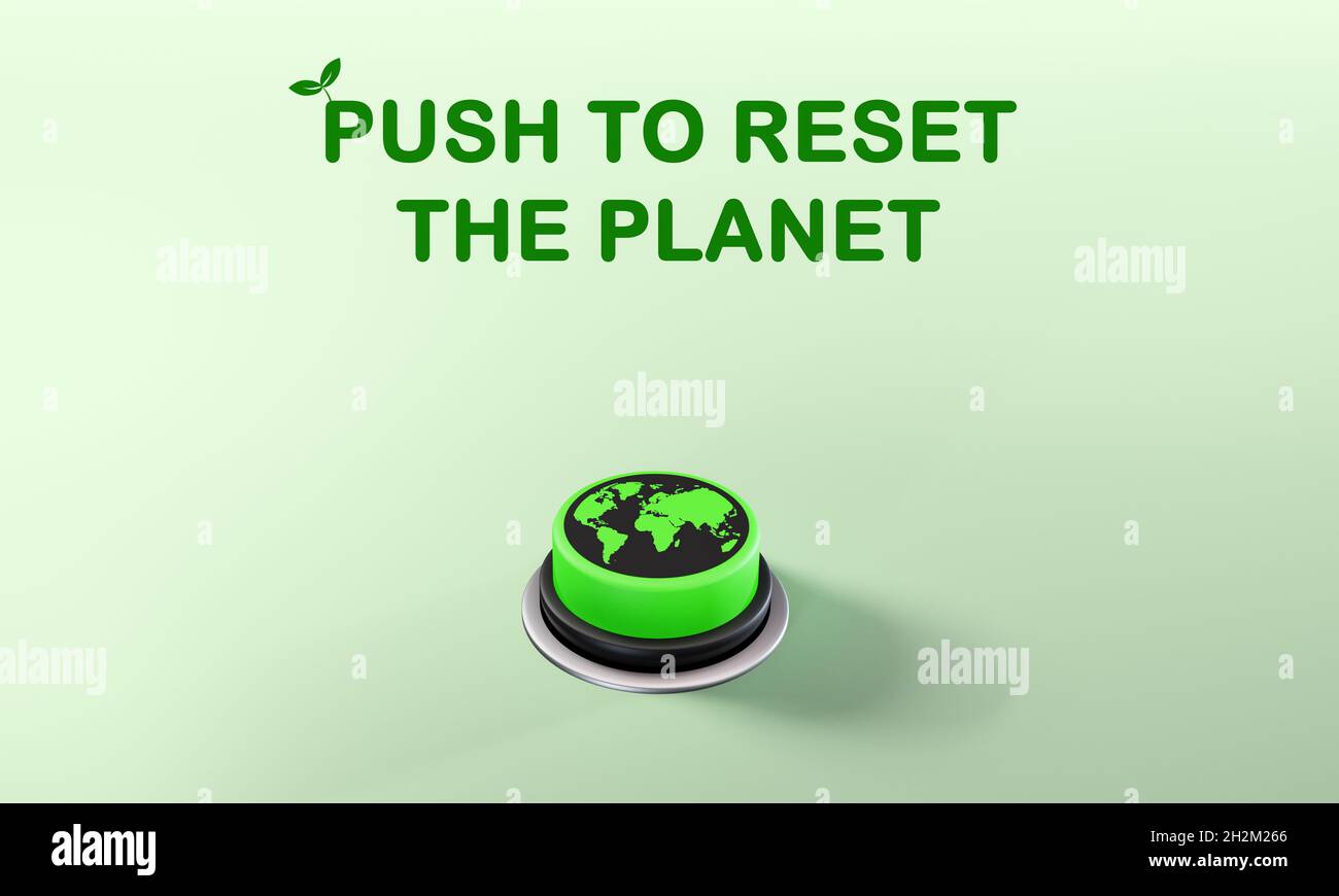 Eco green push button with the world on it, push to reset the planet ...