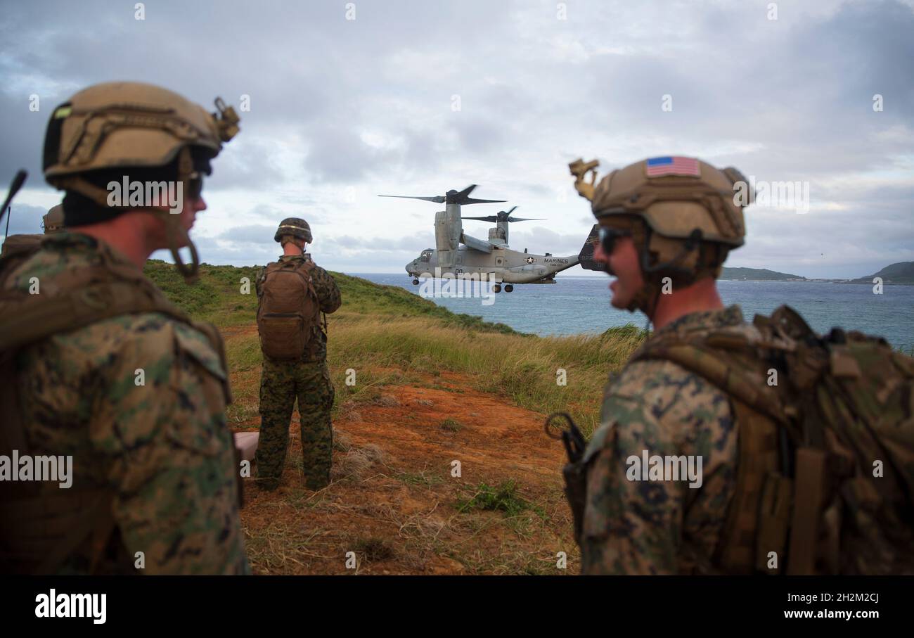 U.S. Marines with 31st Marine Expeditionary Unit watch as an MV-22 ...