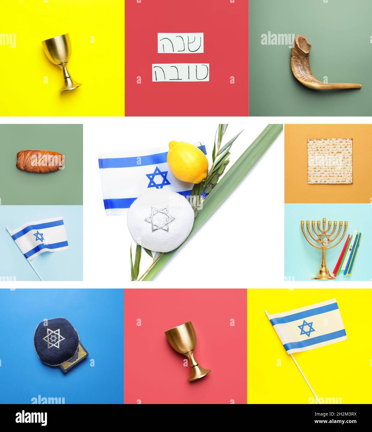 Different symbols of Judaism religion on color background Stock Photo ...