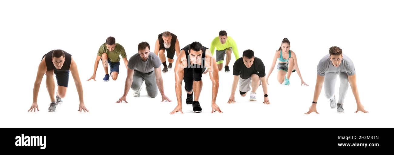 Group of runners in crouch start position on white background Stock ...