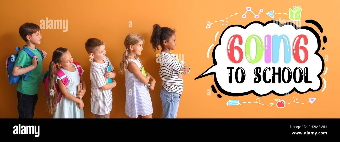 Little children on color background. Going to school Stock Photo - Alamy