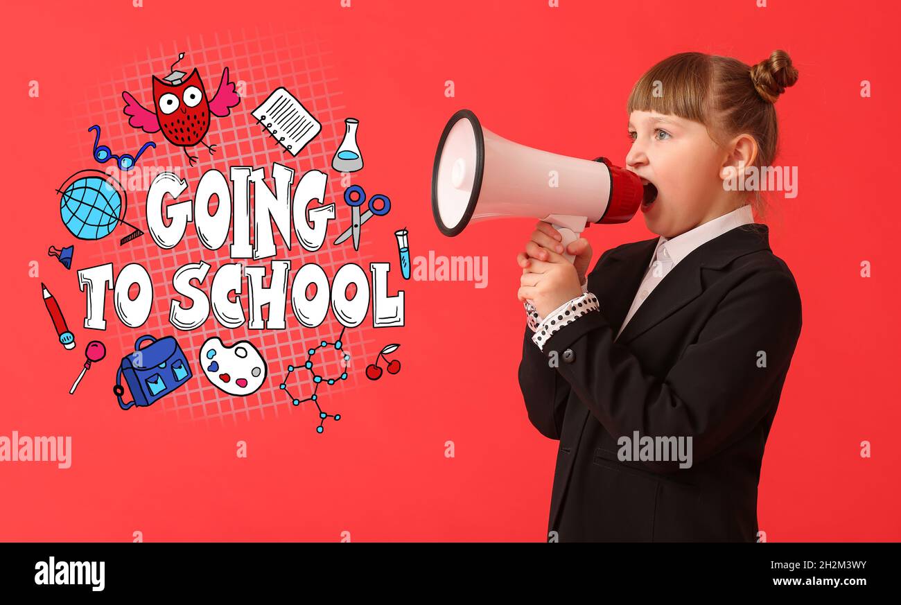 Little girl with megaphone on color background. Going to school Stock ...