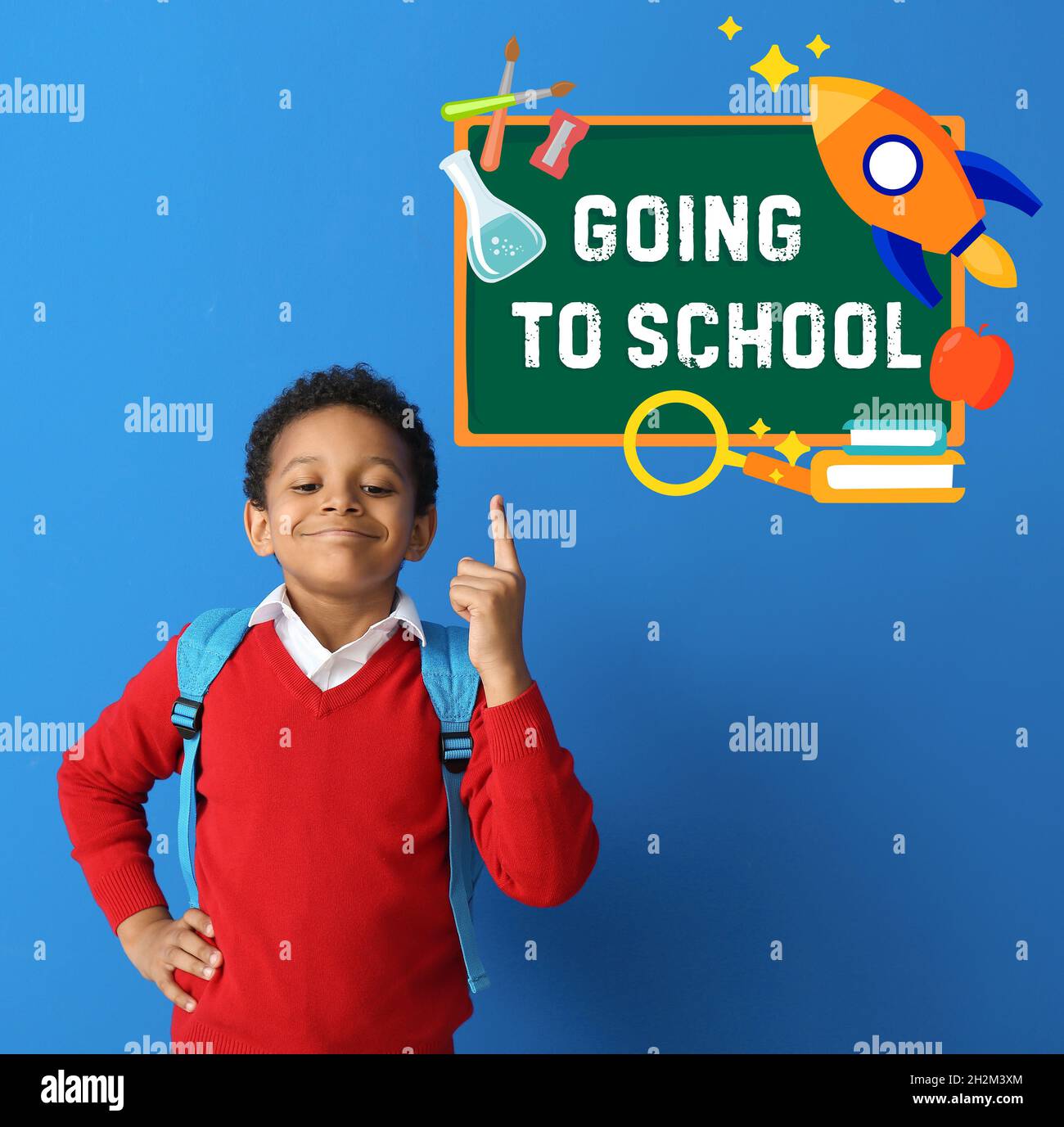 Little African-American boy on color background. Going to school Stock ...