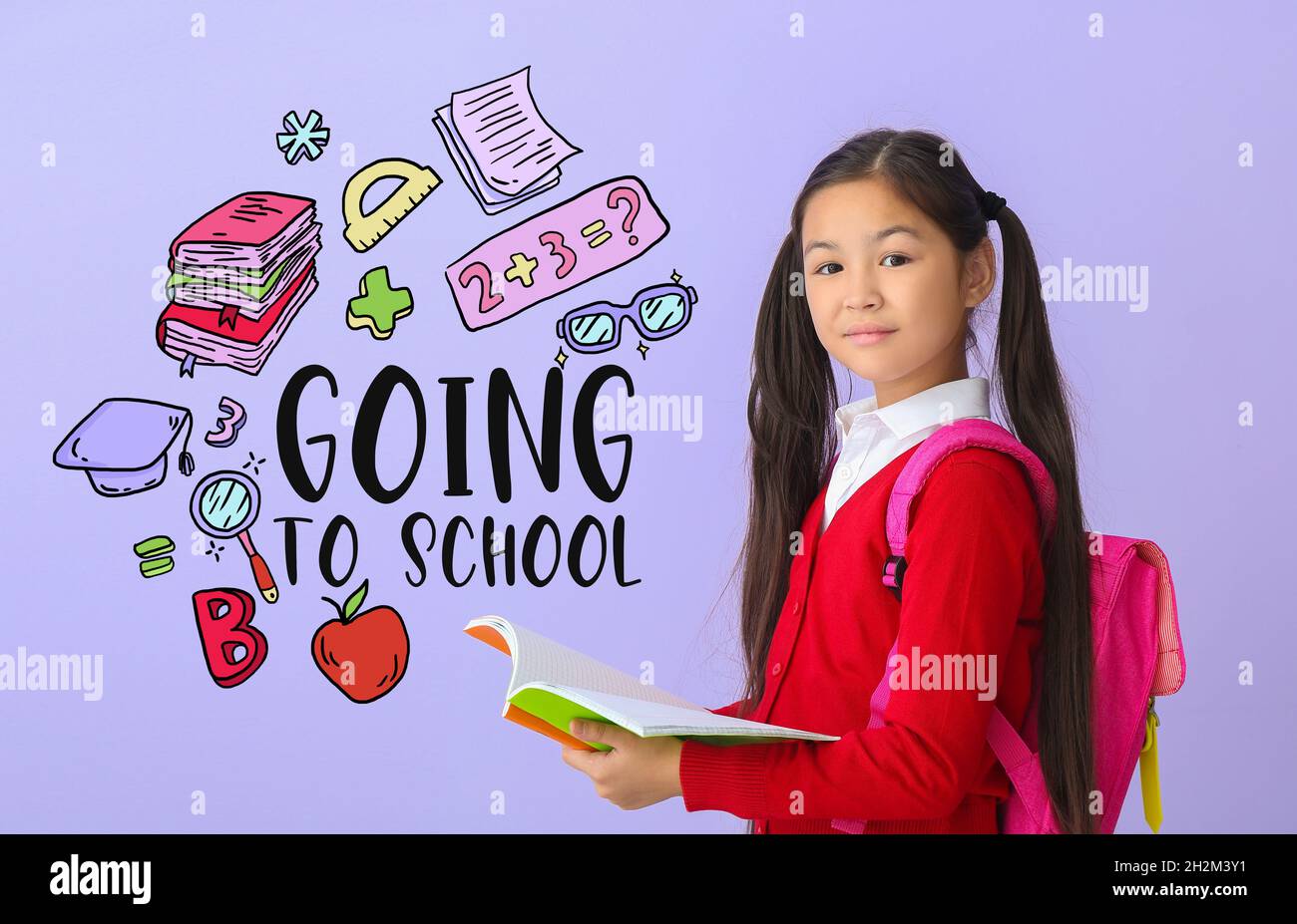 Little girl on color background. Going to school Stock Photo - Alamy