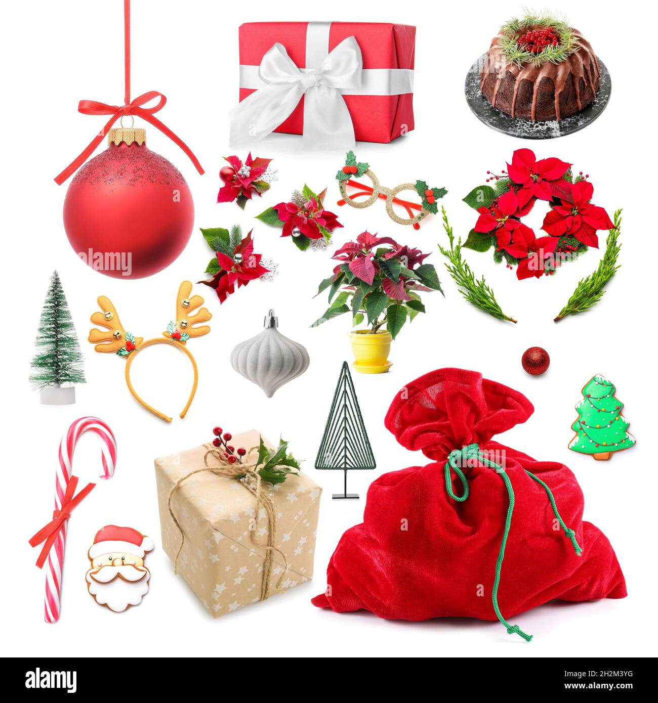 Christmas collage with Santa bag on white background Stock Photo - Alamy