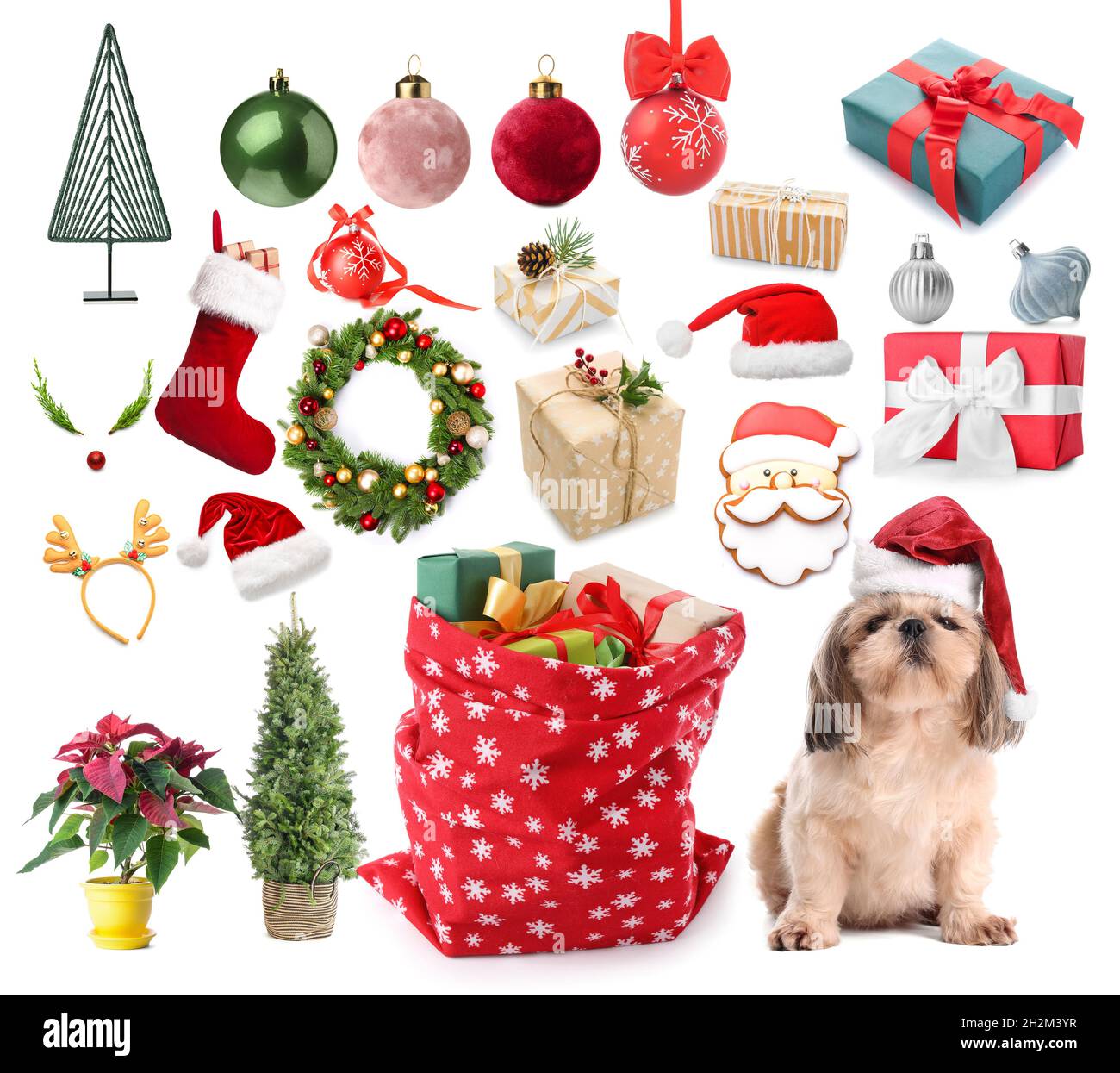 Christmas collage with cute dog and Santa bag on white background Stock ...