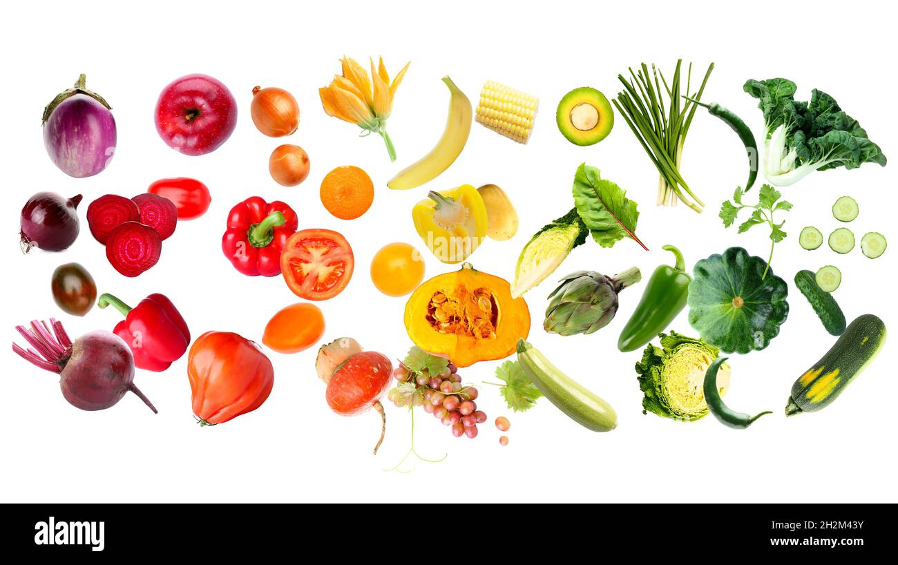 Flying fresh vegetables and fruits on white background Stock Photo - Alamy