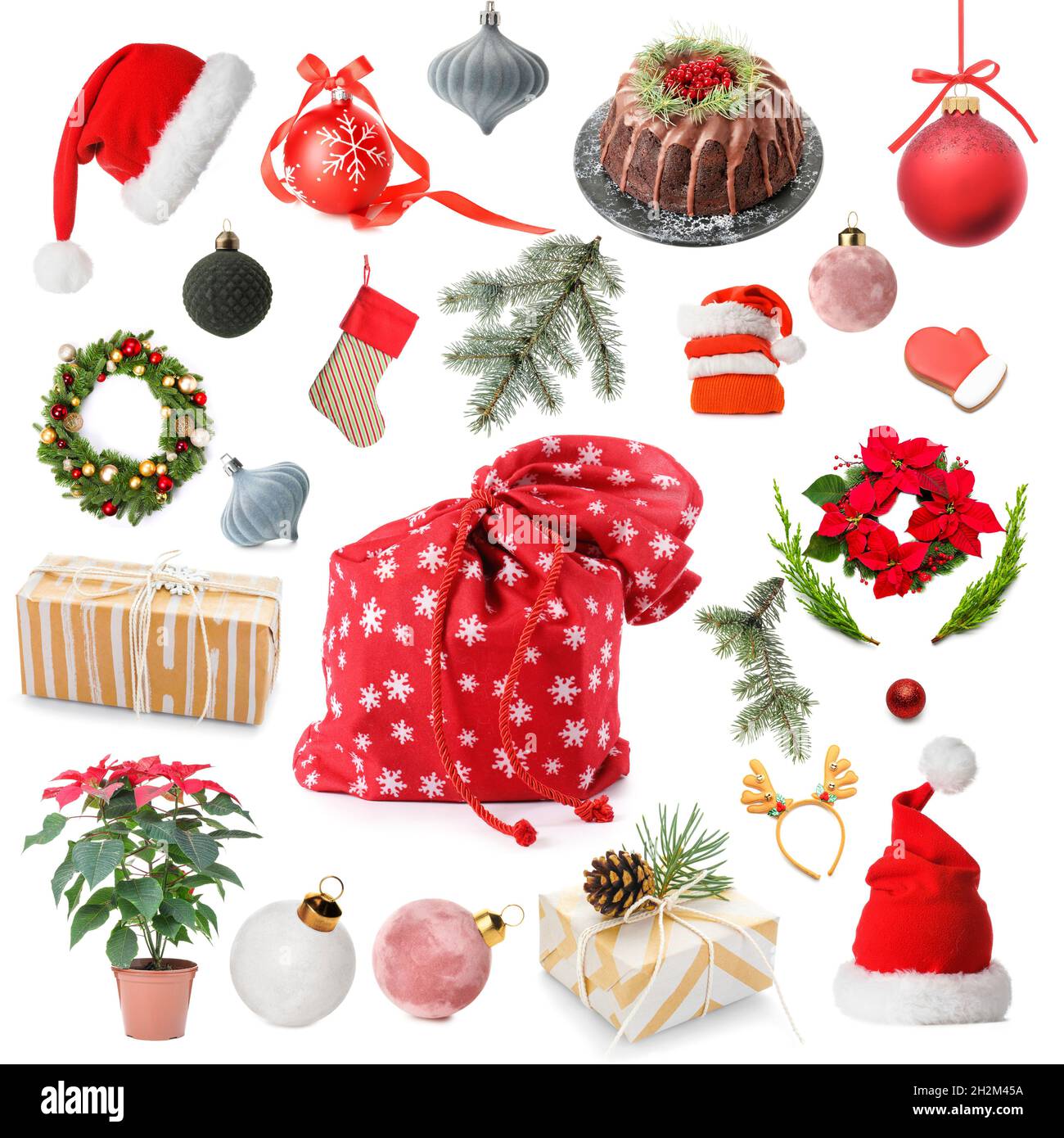 Christmas collage with Santa bag on white background Stock Photo - Alamy