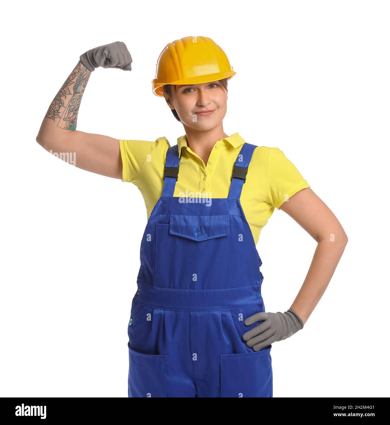 Female construction worker in uniform on white background Stock Photo ...