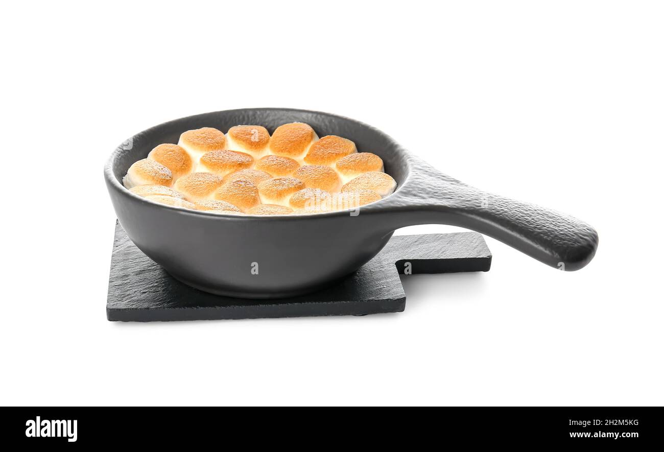 Frying pan with delicious S'mores dip on white background Stock Photo ...