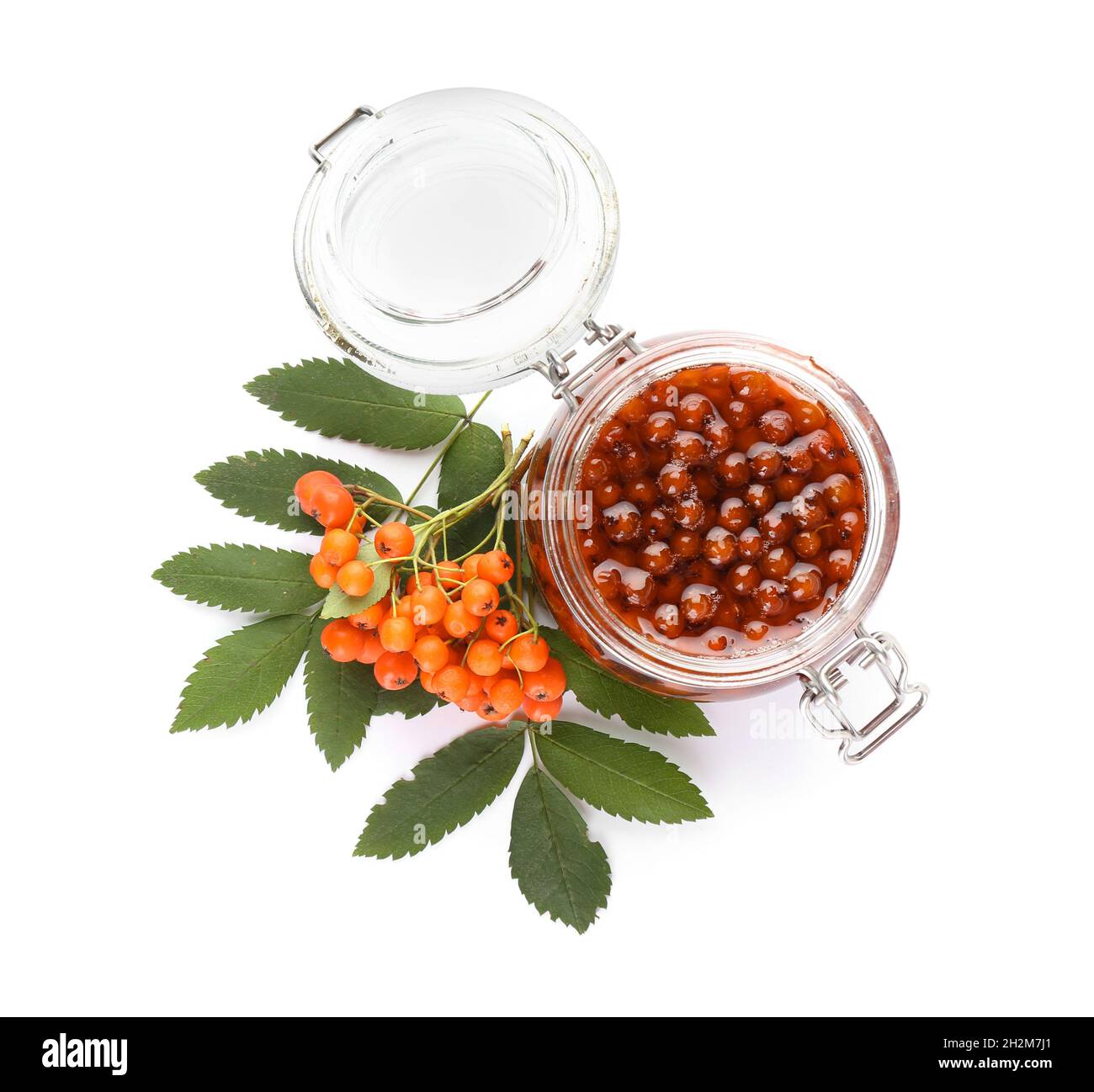 Jar of tasty rowan jam on white background Stock Photo - Alamy