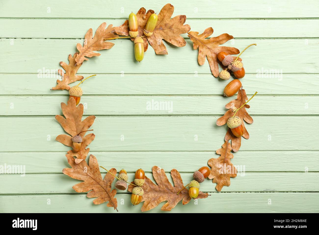 Frame made of dry oak tree leaves and acorns on color wooden background ...