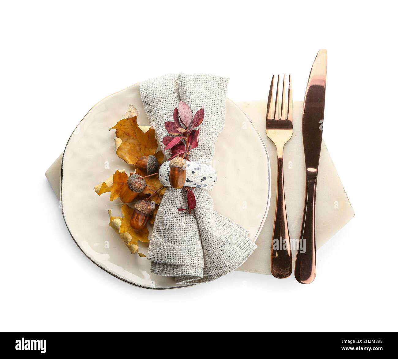 Stylish autumn table setting on white background Stock Photo - Alamy
