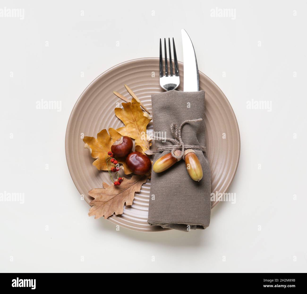 Stylish autumn table setting on white background Stock Photo - Alamy