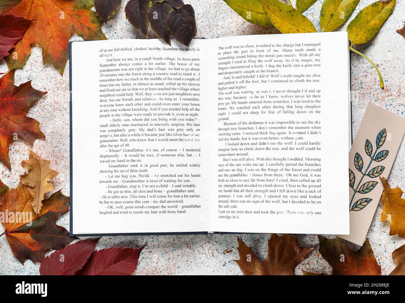 Open book, bookmark and autumn leaves on light background Stock Photo ...