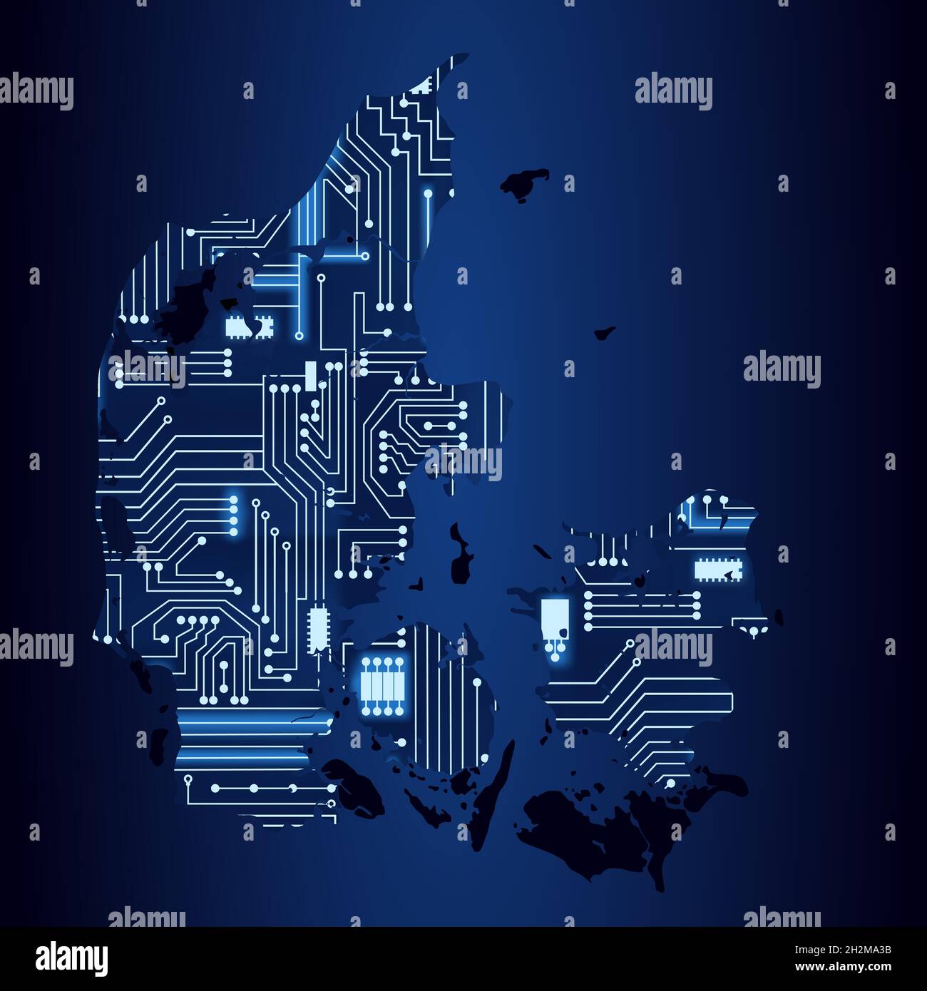Contour map of Denmark with a technological electronics circuit Stock ...