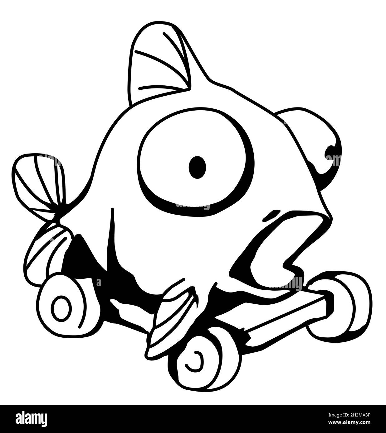 Fish out of water on wheeled cart cartoon line drawing, vector ...