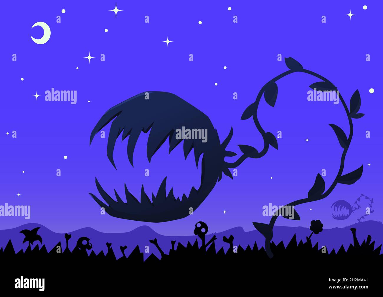 Evil predatory plant Halloween monster night scene cartoon, vector ...