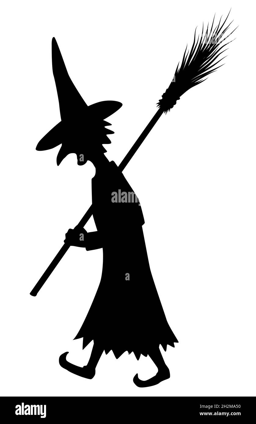Witch walking with broomstick figure silhouette stencil black, vector ...