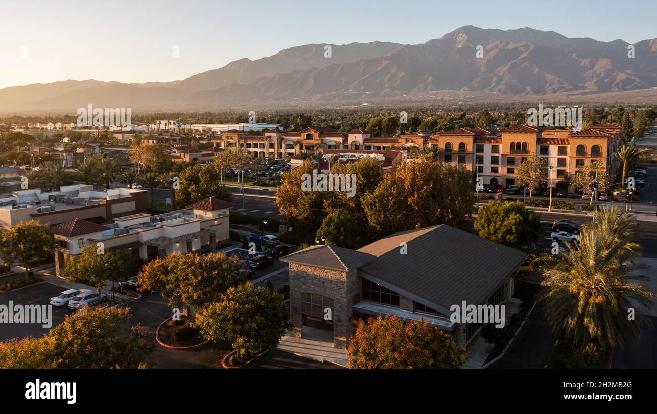 Sunset aerial view of the urban core of downtown Rancho Cucamonga ...