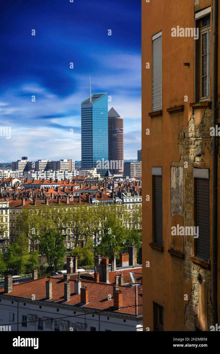 Buildings and downtown of Lyon in long exposure seen from Croix Rousse ...