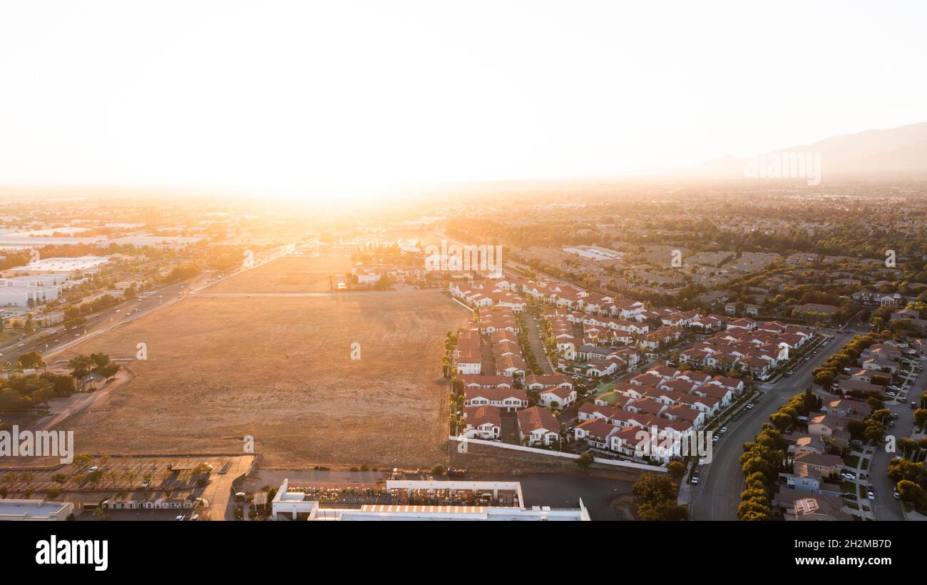 Sunset view of the residential suburban core of Rancho Cucamonga ...