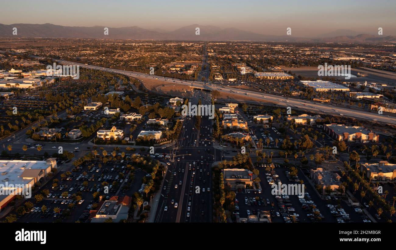 Sunset aerial view of the urban core of downtown Rancho Cucamonga ...