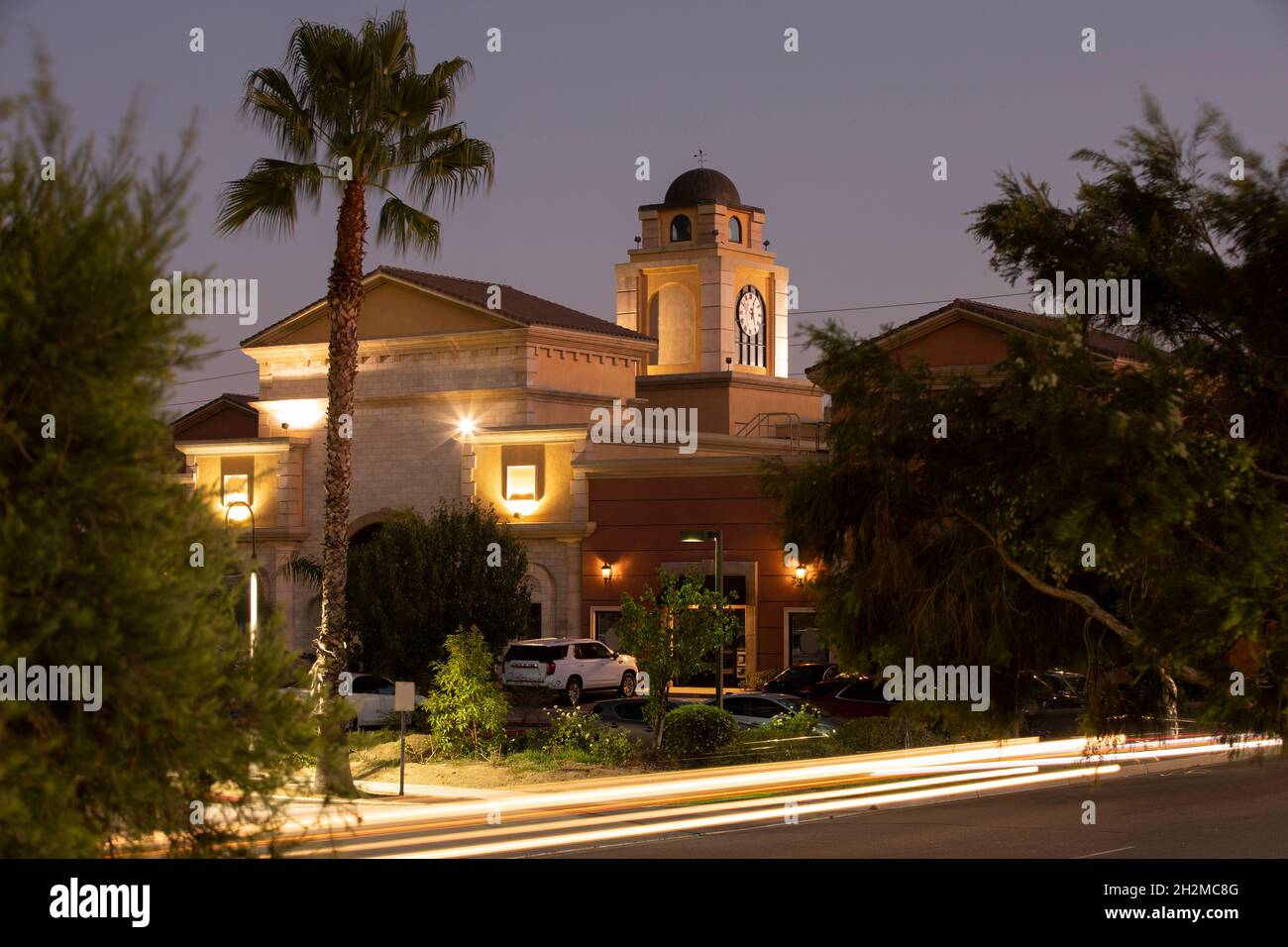 Sunset view of the urban core of downtown Rancho Cucamonga, California ...