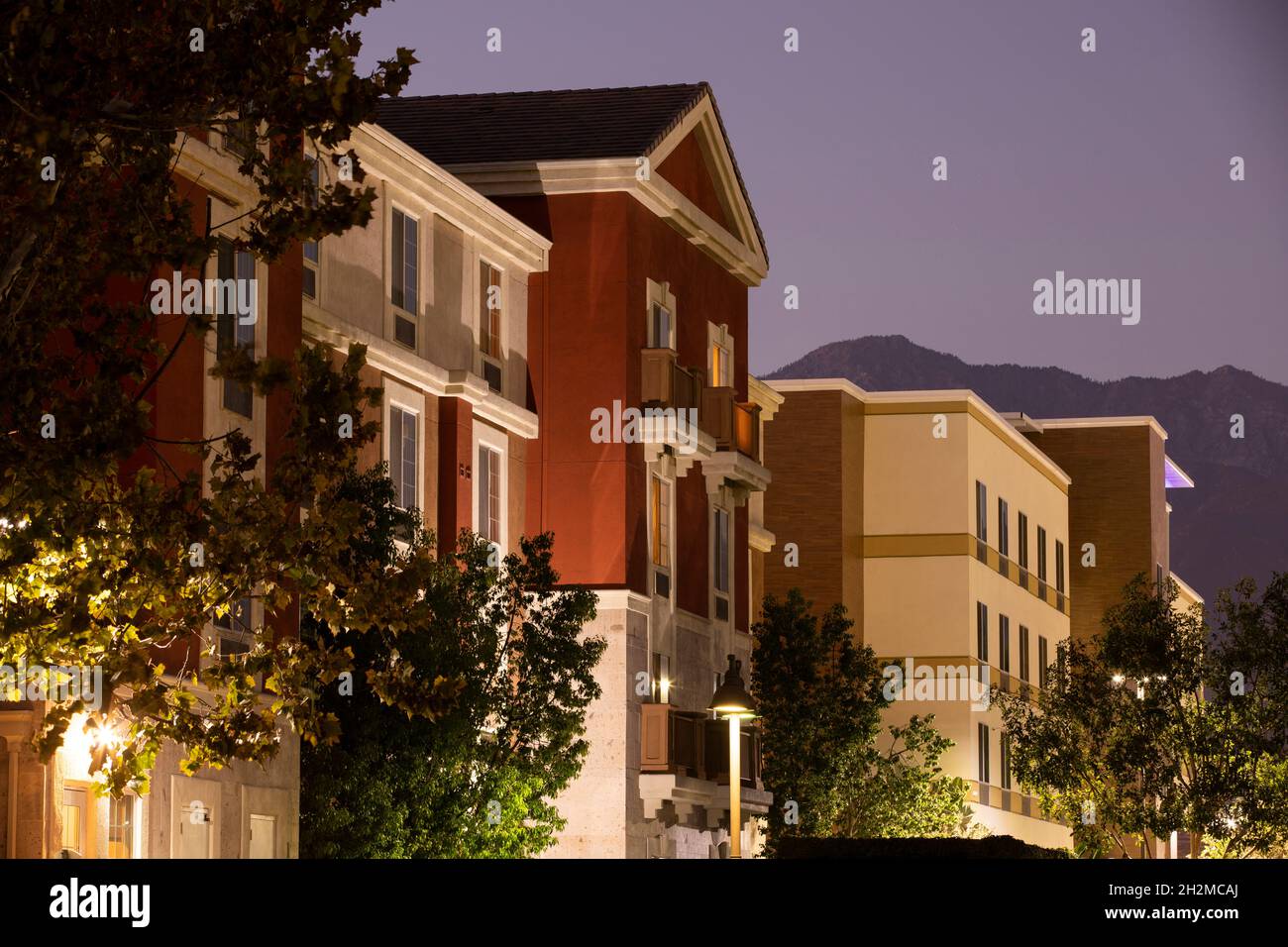 Sunset view of the urban core of downtown Rancho Cucamonga, California ...