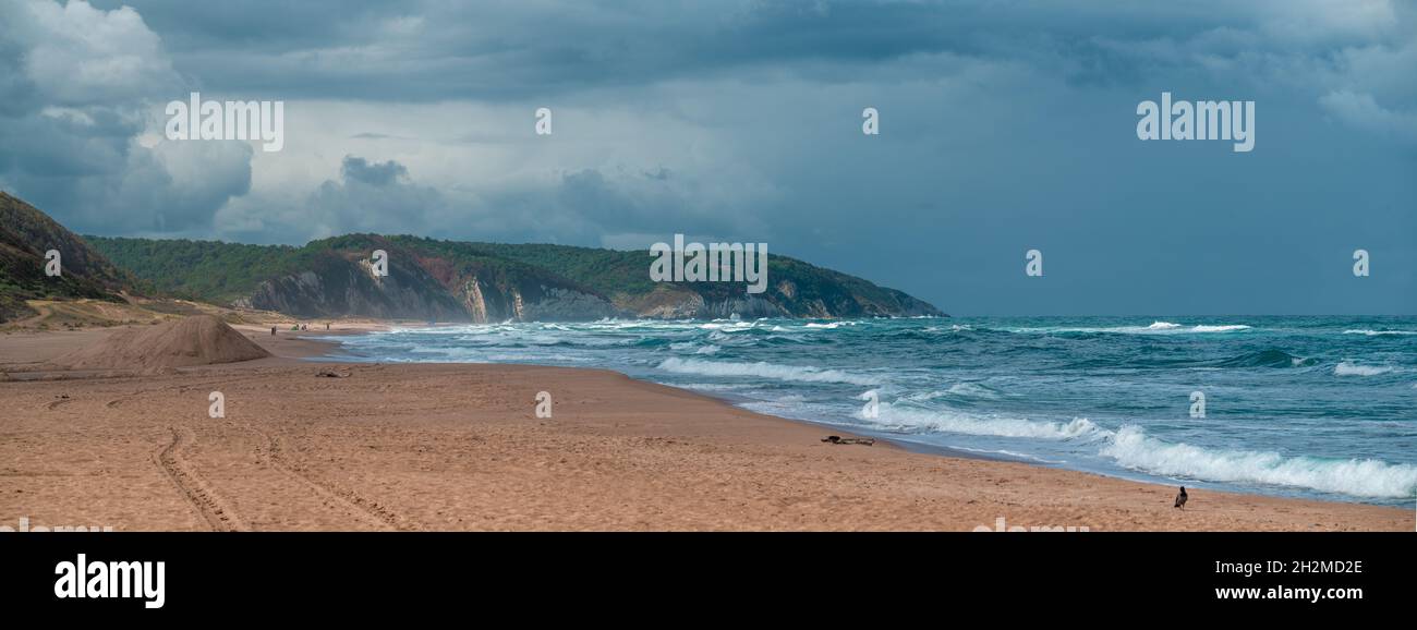 Beautiful sandy ocean beach with large rocks on the shore and in the ...