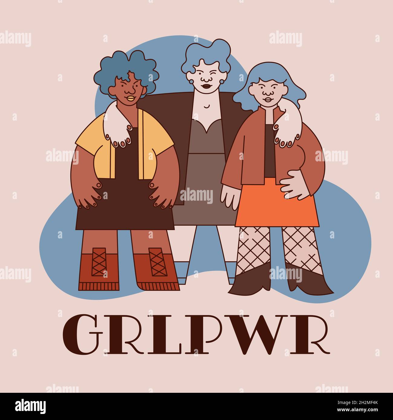 Teamwork women gang and text illustration in trendy modern minimal line ...