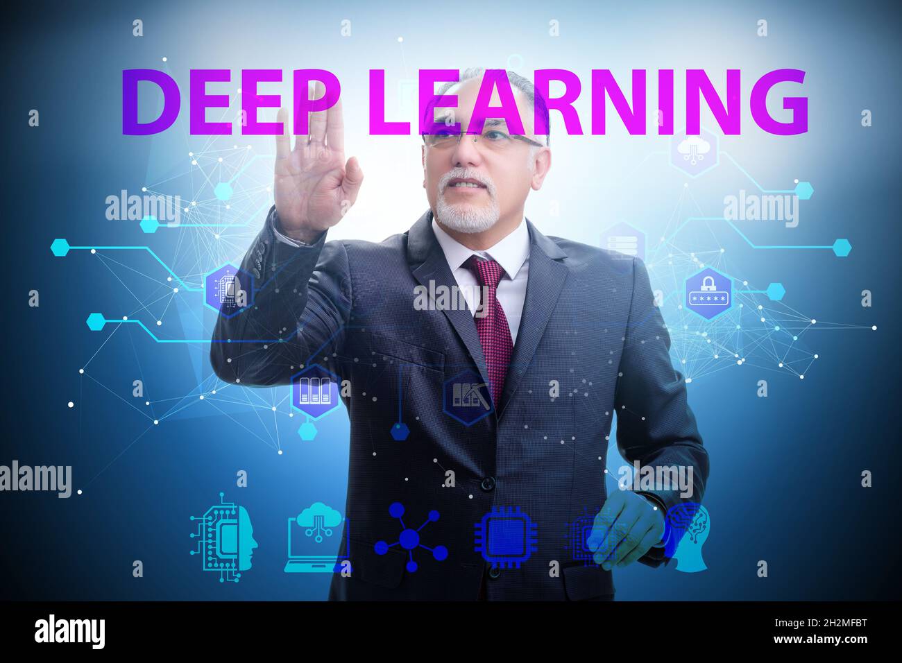 Deep learning concept with the businessman pressing button Stock Photo ...