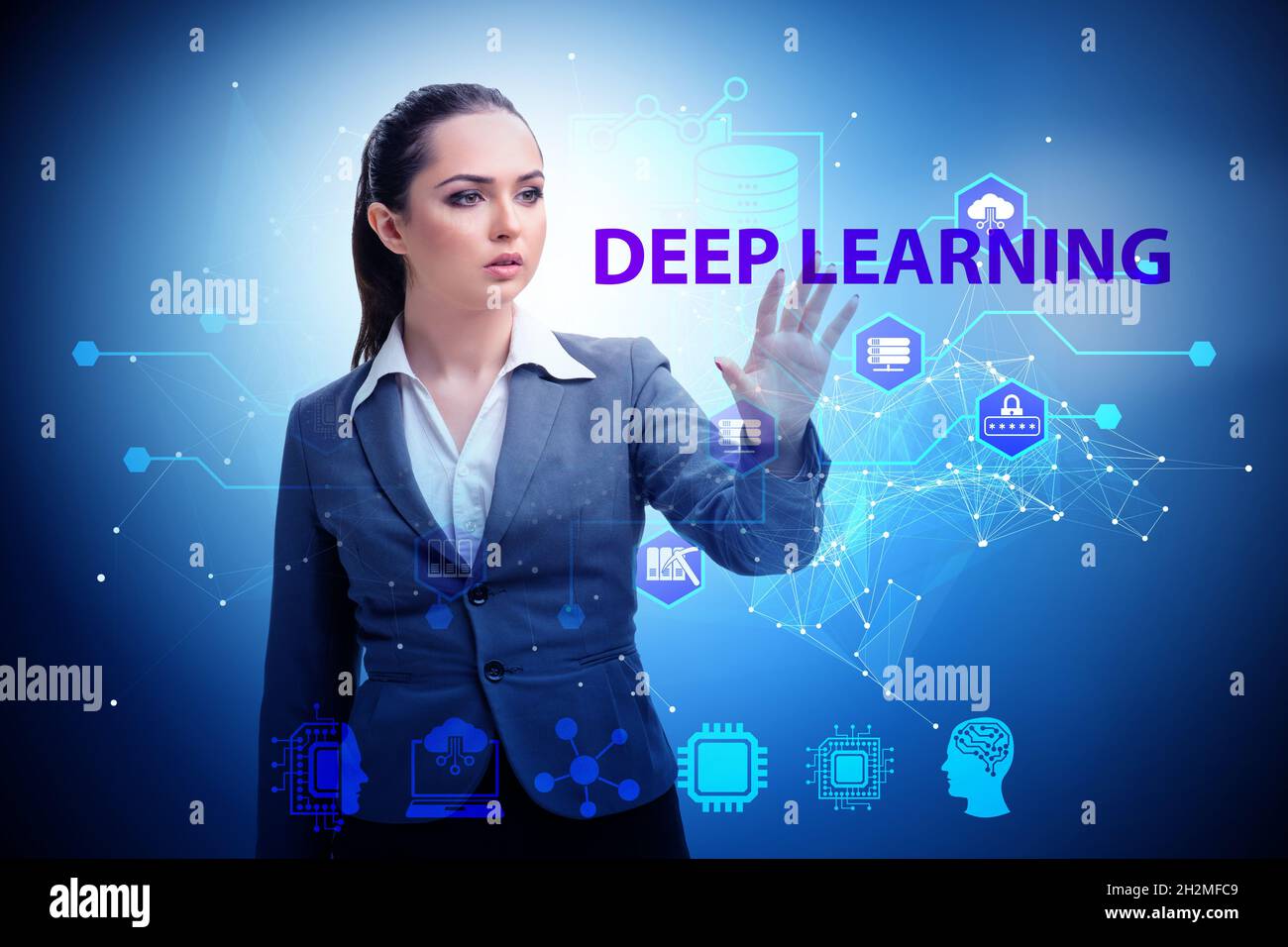 Deep learning concept with the businessman pressing button Stock Photo ...