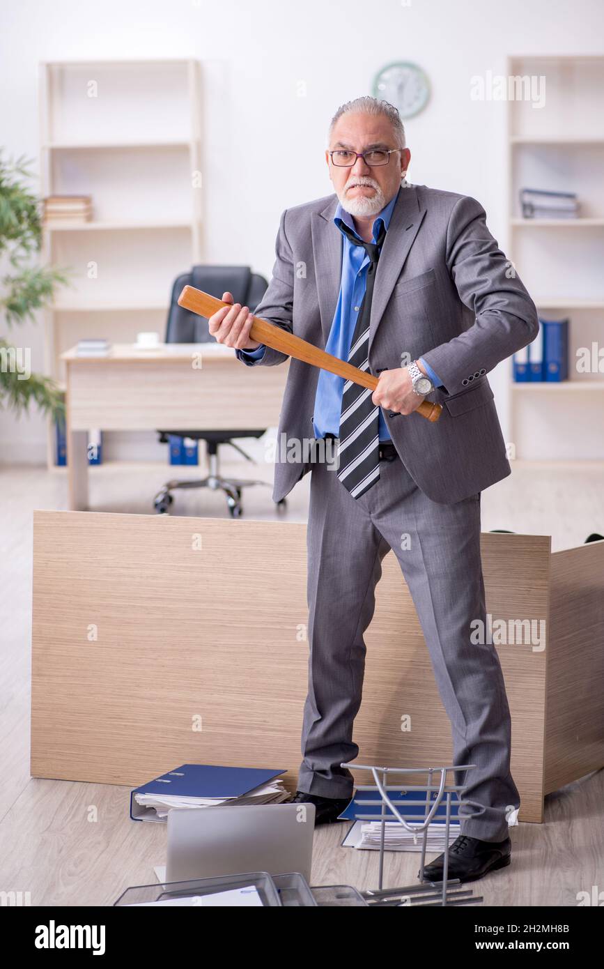 Old businessman employee holding baseball bat in the office Stock Photo ...