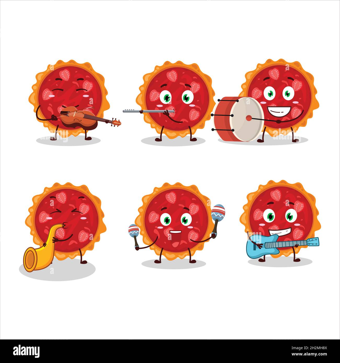 Cartoon character of strawberry tart playing some musical instruments ...