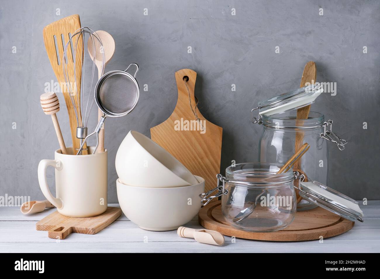 Kitchen utensils and containers made of wood, metal and glass Stock ...