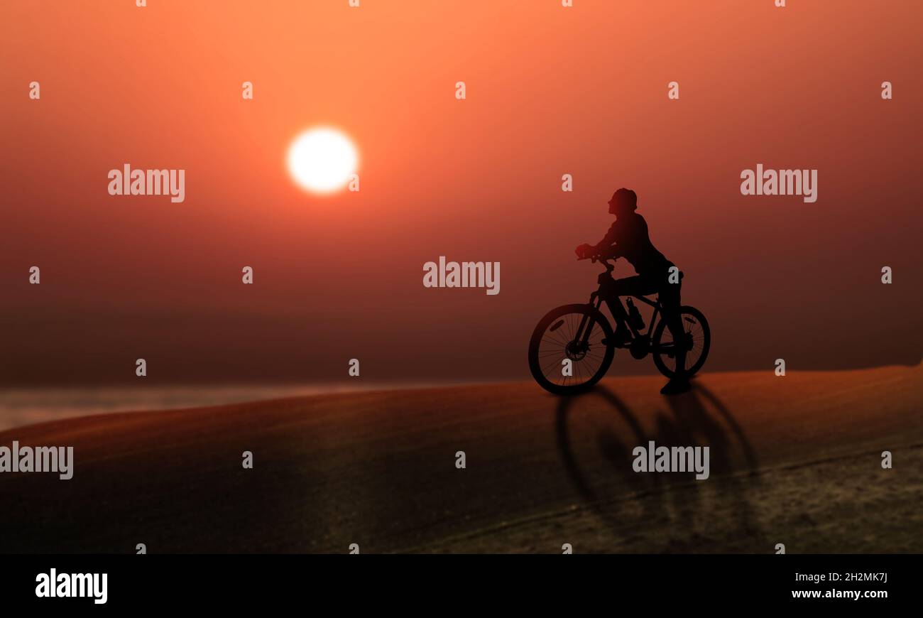 Woman Bike sunset. Young Woman Standing on hill with bicycle watching A Beautiful sunset and ...