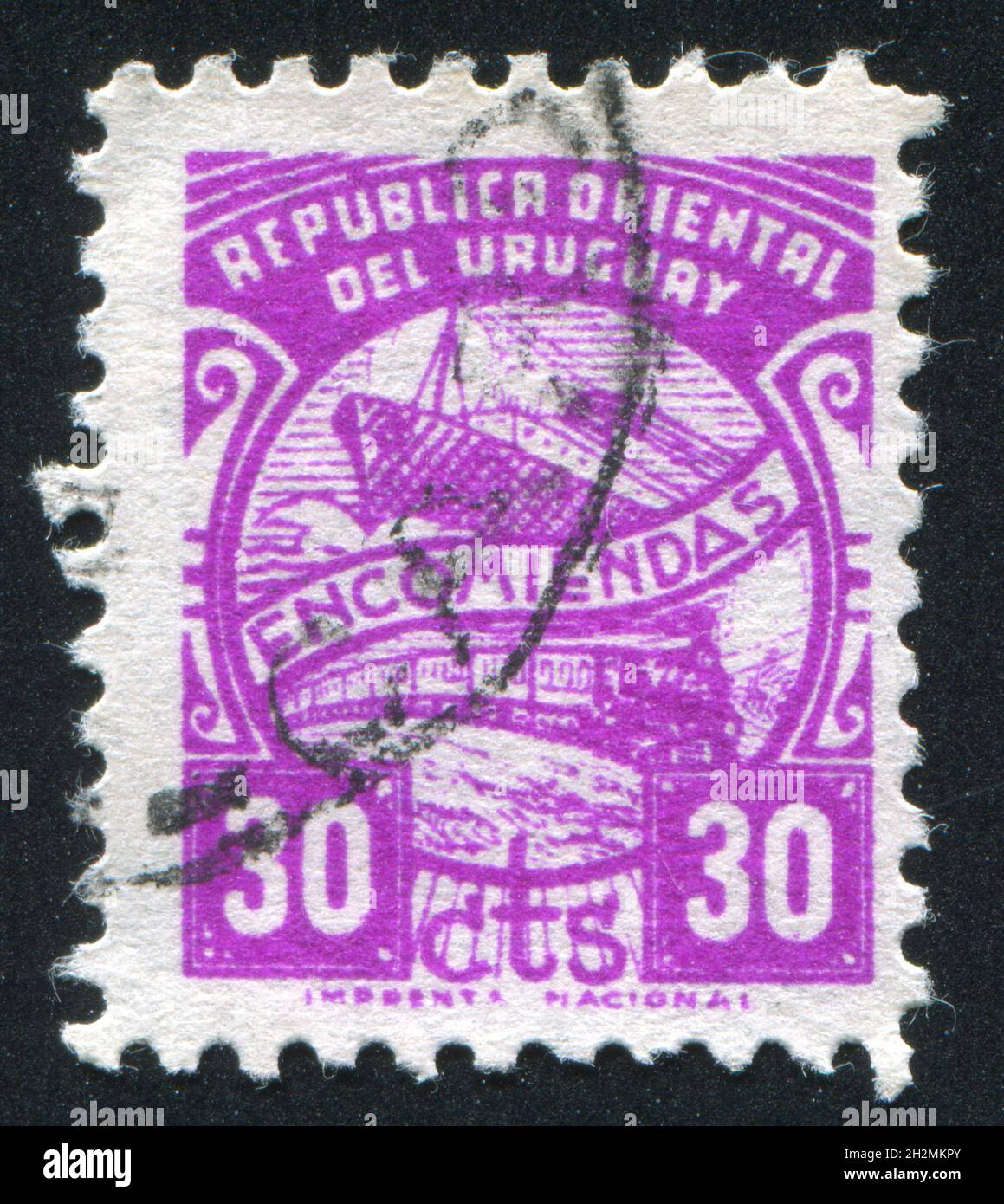 URUGUAY - CIRCA 1938: stamp printed by Uruguay, shows Ship and Train ...