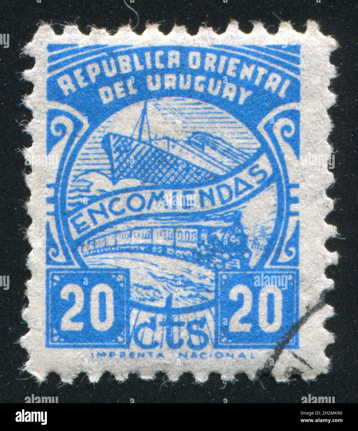 URUGUAY - CIRCA 1938: stamp printed by Uruguay, shows Ship and Train ...