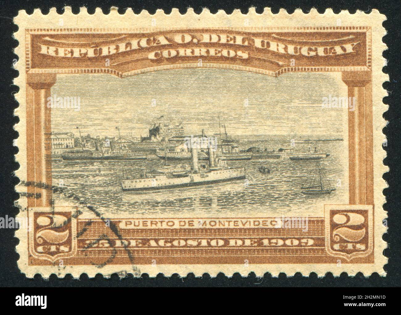 URUGUAY - CIRCA 1909: stamp printed by Uruguay, shows View of the Port ...