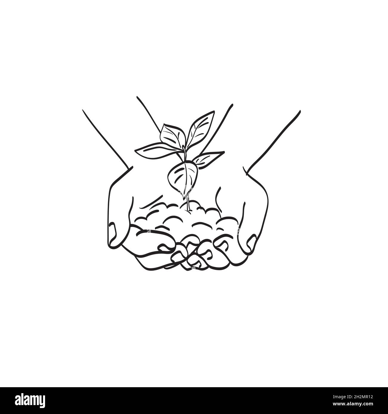 line art hand holding young plant illustration vector isolated on white ...