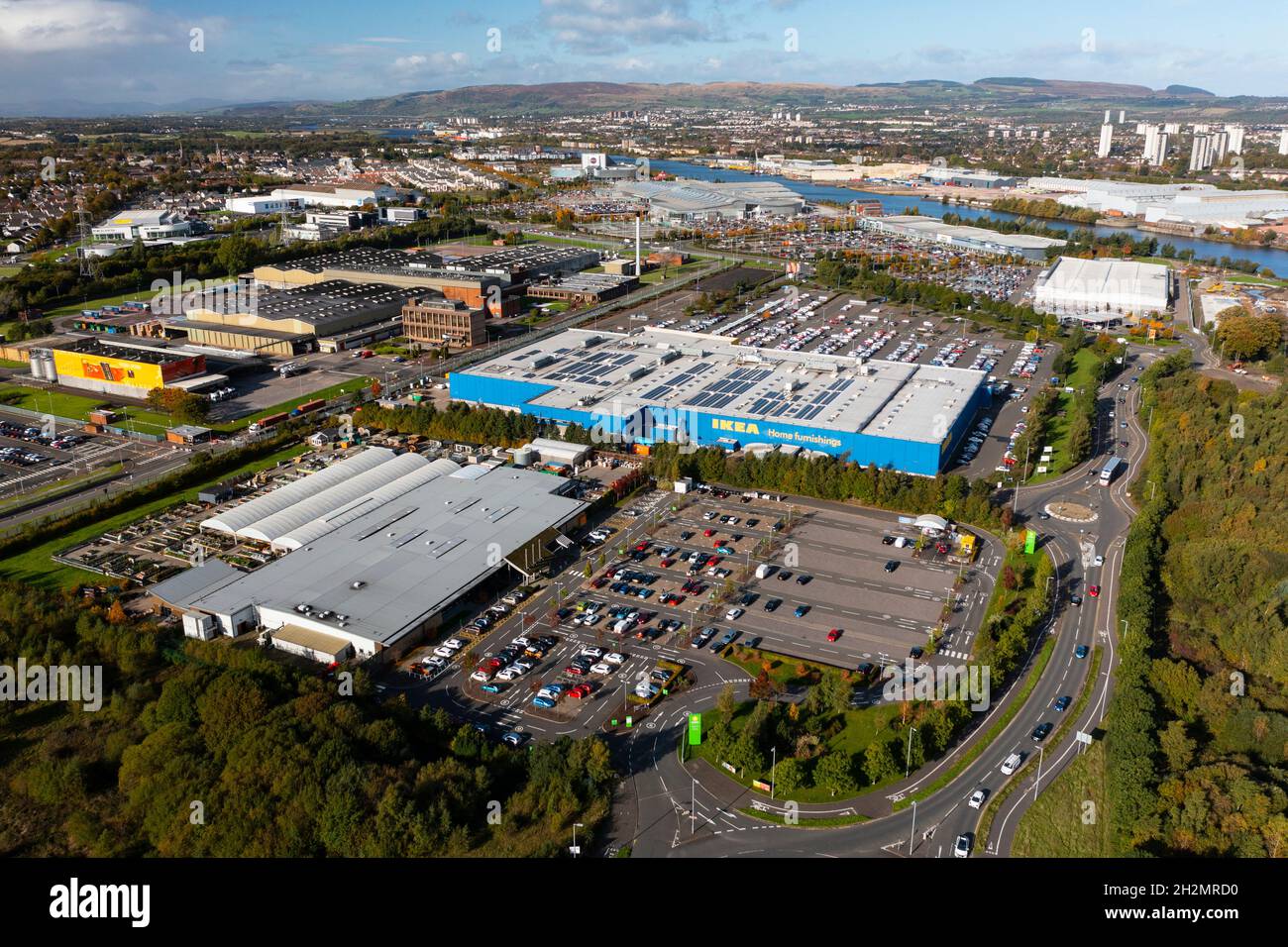 Aerial view fro drone of Braehead retail park at Renfrew, Scotland, UK ...