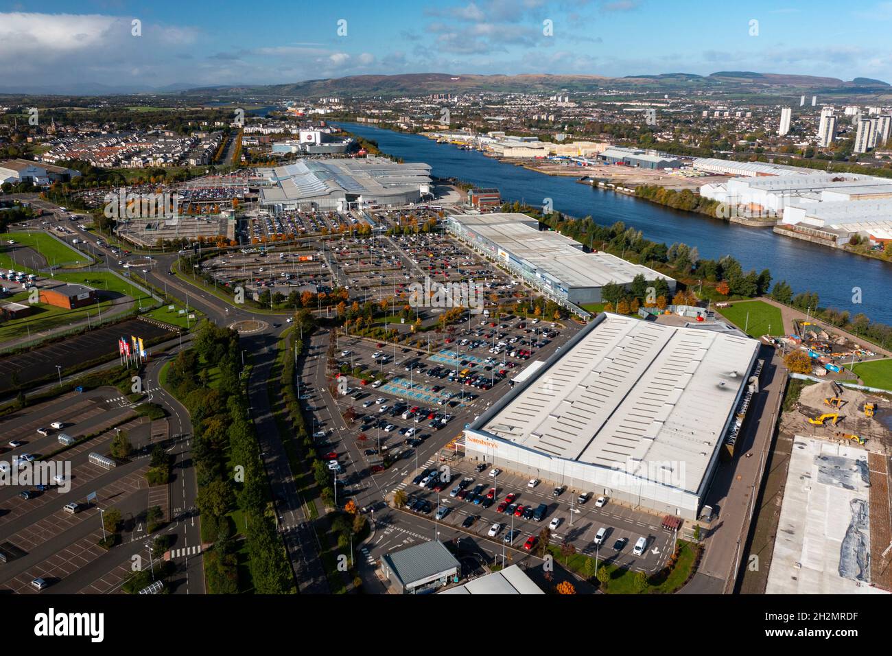 Aerial view fro drone of Braehead retail park at Renfrew, Scotland, UK ...