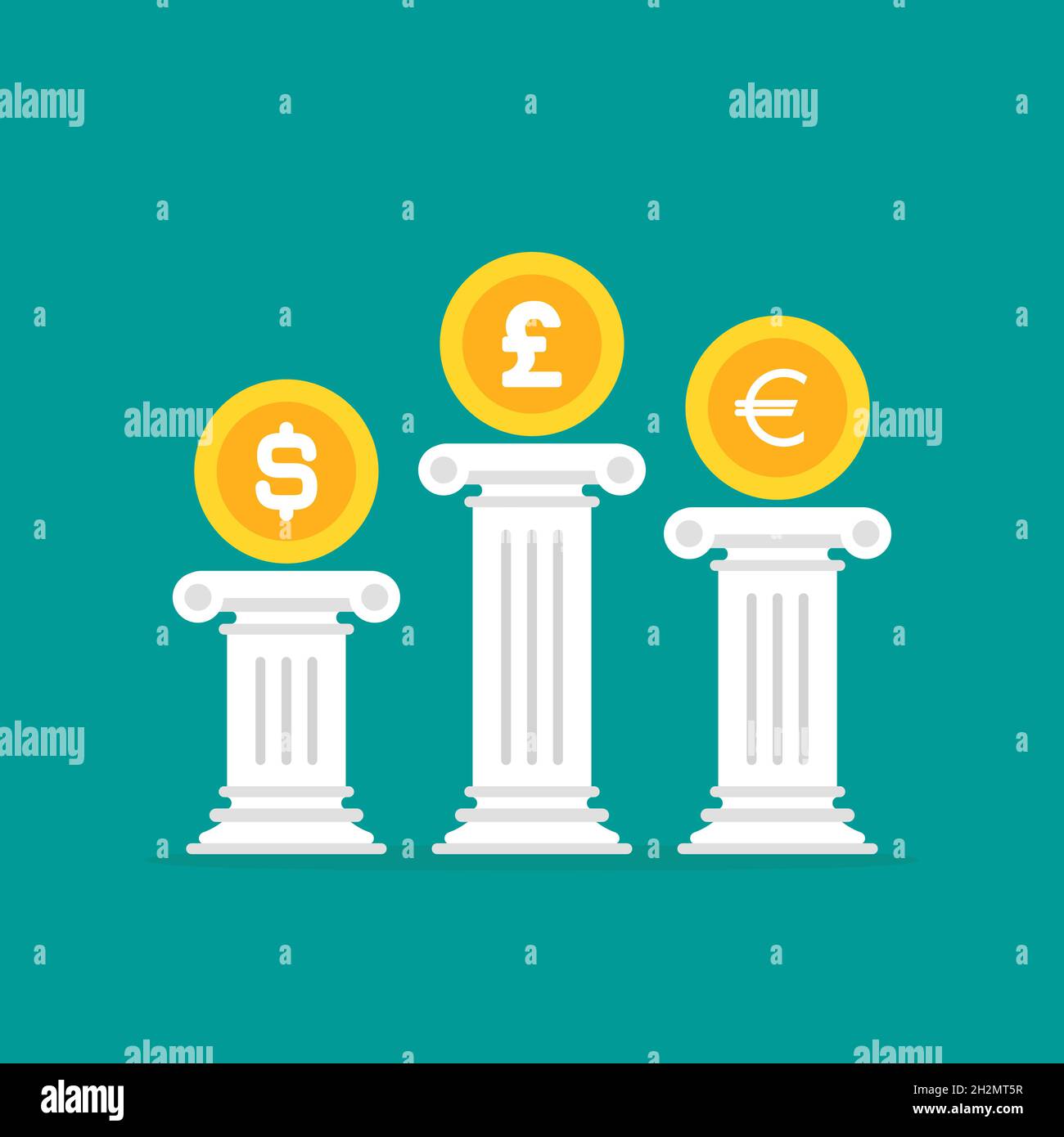Winner pedestal with golden dollar, euro and poud coins. Podium for ...